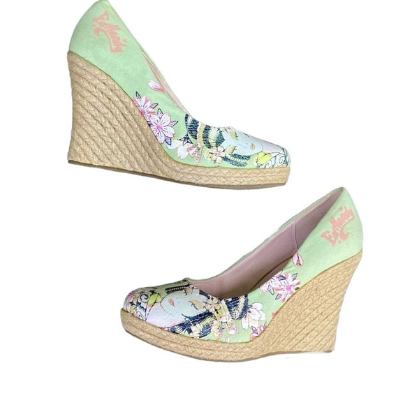 Ed Hardy | Shoes | Vintage Ed Hardy Wedges Y2k Tattoo Rare Mint Green ...